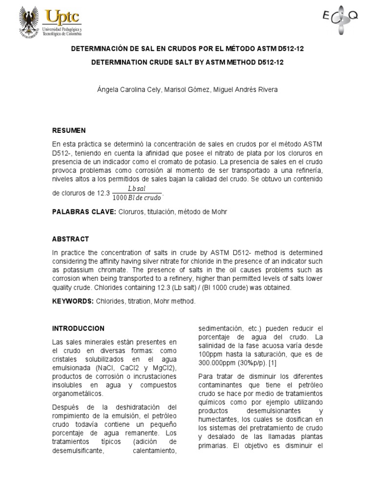 Determinacion de Sal en Crudos Por El Metodo Astm D512 | PDF ...