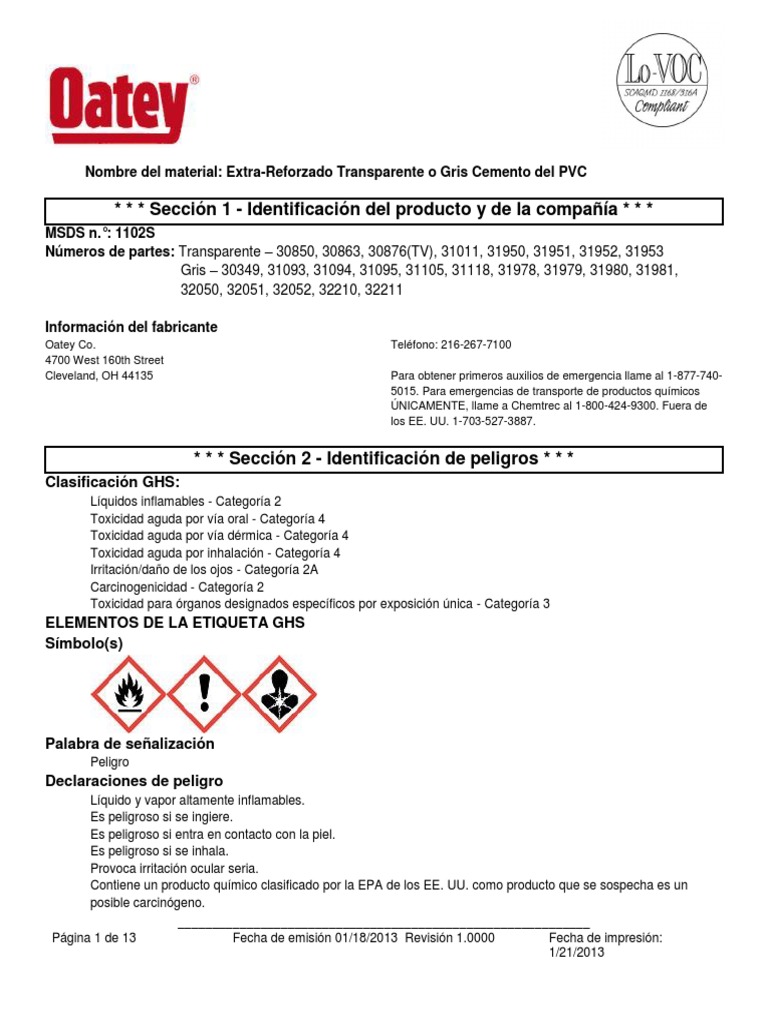 MSDS 21 - Oatey Blue Lava Hot PVC Cement | PDF | Combustión | Hidrógeno