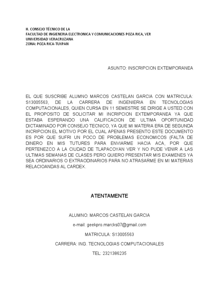 Carta Al Consejo Tecnico Incripcion Extemporanea | PDF