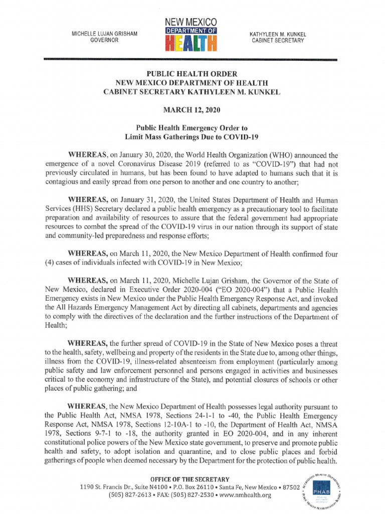 Public Health Order Banning 'Mass Gatherings' inNM | PDF