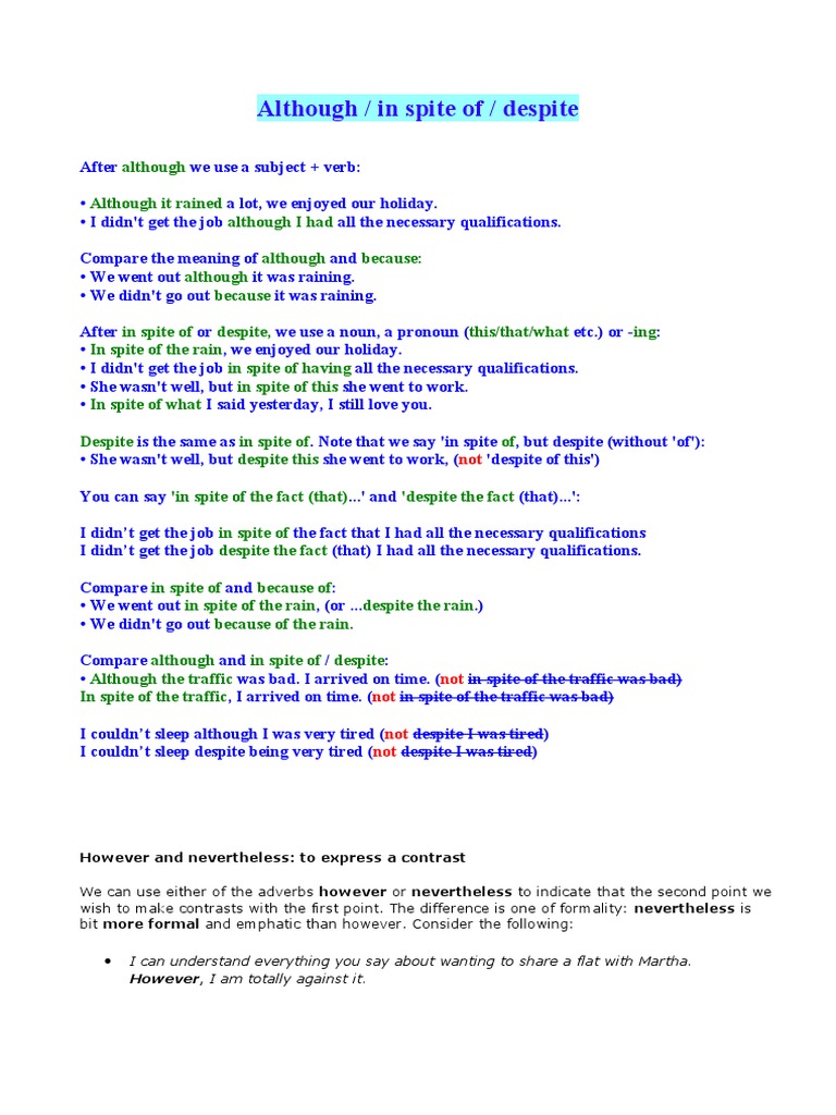 Although, Despite & in Spite of | PDF | Verb | Linguistic Morphology