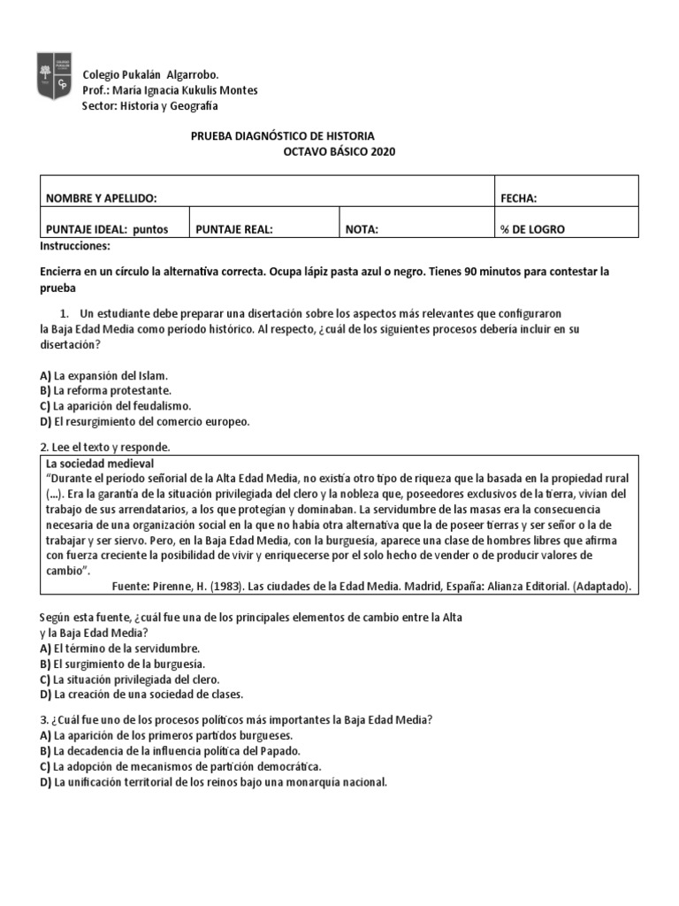 PRUEBA DIAGNOSTICO Historia 8vo | PDF | Edades medias | Antigua Grecia