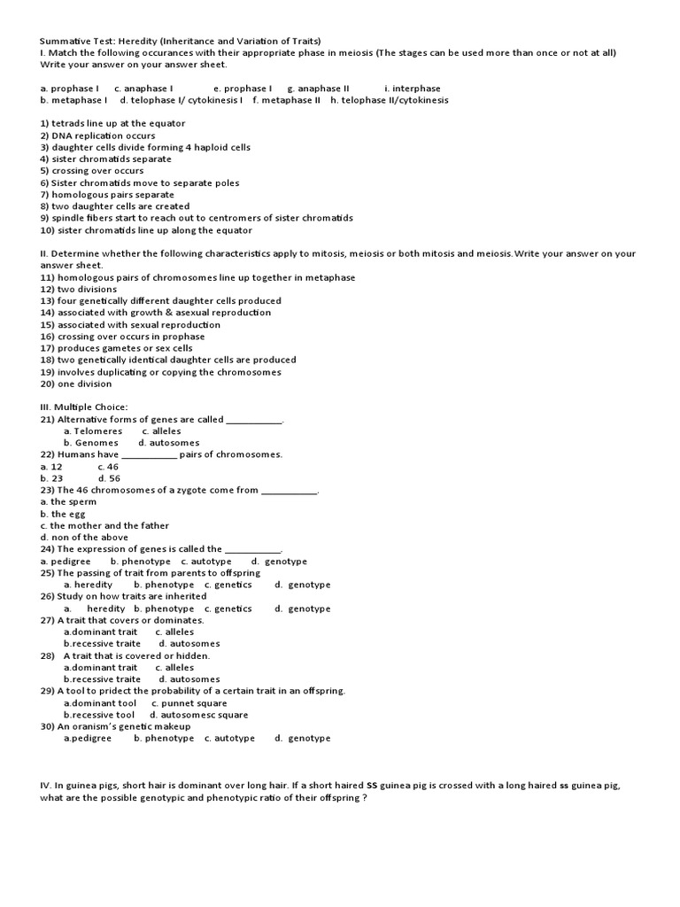 Summative Test-Heredity (Inheritance and Variation of Traits) | PDF ...