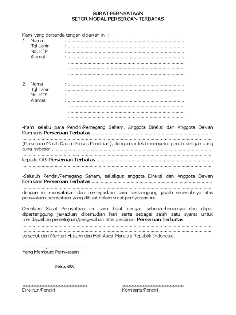 Surat Pernyataan Setor Modal & Domisili PT - 2018 (Terbaru) | PDF