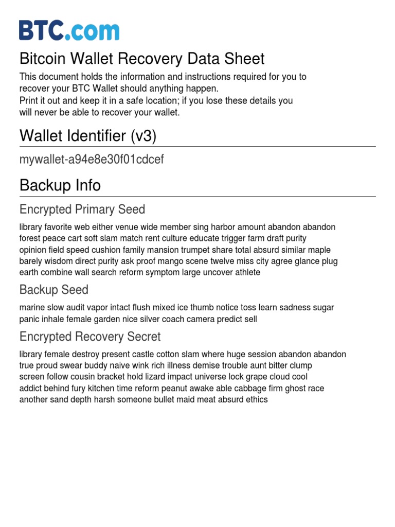 Bitcoin Wallet Recovery Backup Sheet - Mywallet-A94e8e30f01cdcef | PDF