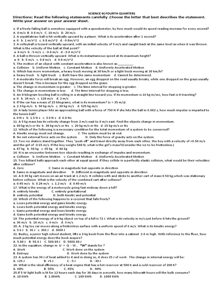 SCIENCE 9 4th Q - Reviewer | PDF | Collision | Kinetic Energy
