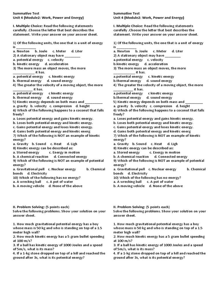 Summattive Test (Work, Power and Energy) | PDF | Potential Energy ...