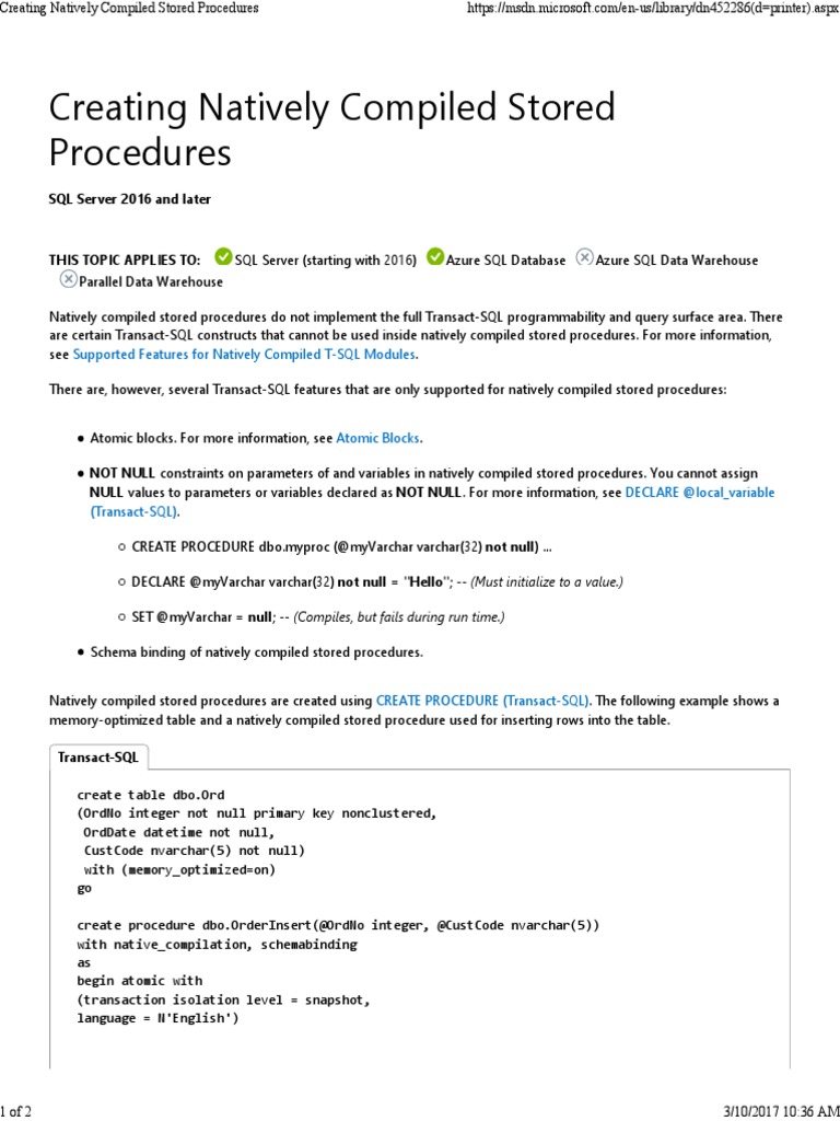 Creating Natively Compiled Stored Procedures Pdf Microsoft Sql Server Subroutine 