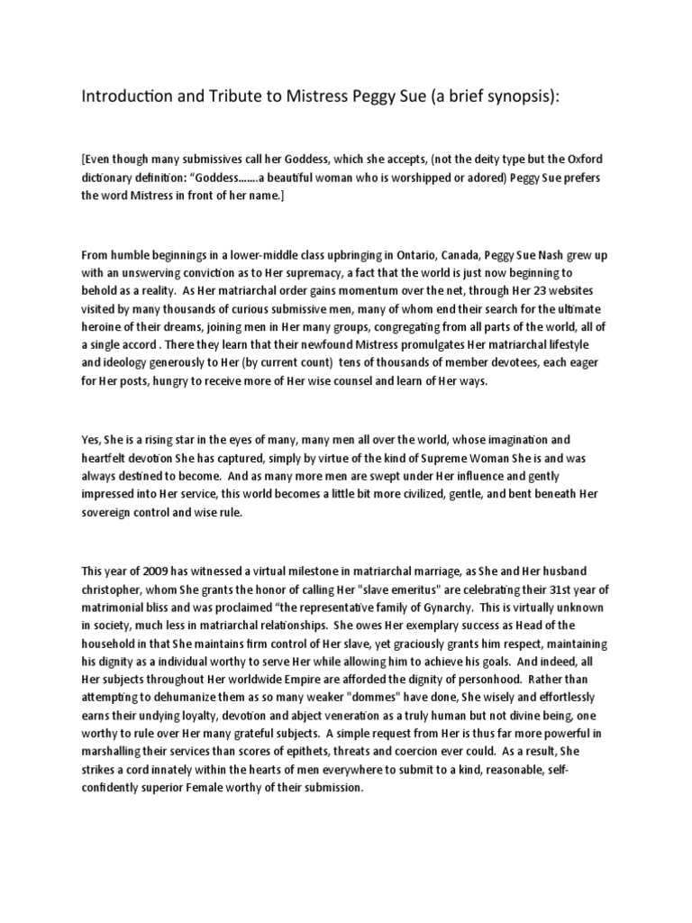Empire of Mistress Peggy Sue-- A Tribute | Mistress (Lover) | Matriarchy
