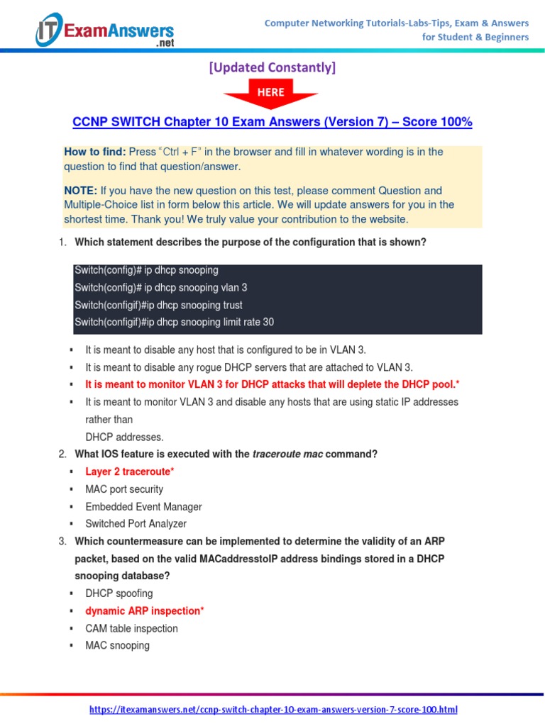 CCNP SWITCH Chapter 10 Exam Answers (Version 7) - Score 100% PDF | PDF | Computer Network | Port ...