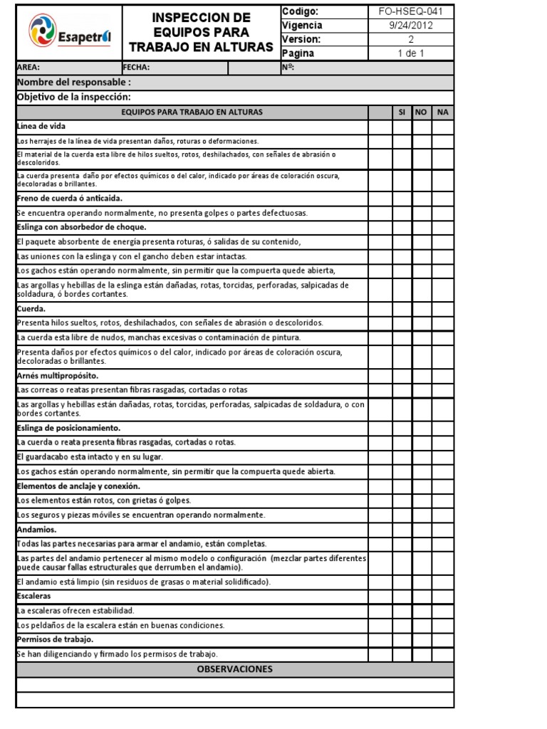 FO-HSEQ-041. Formato para Inspección de Equipos para Trabajos en Alturas | PDF | Cuerda | Materiales