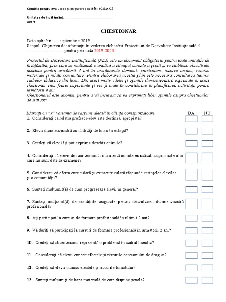 Chestionar PDI - Model | PDF
