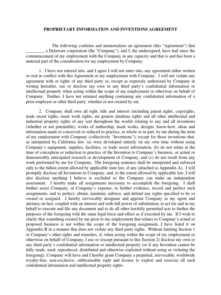 Proprietary Information Agreement Template | PDF | Trade Secret ...