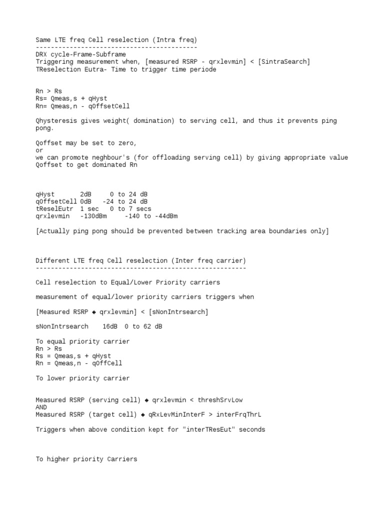 Cell Reselection Parameters LTE | PDF