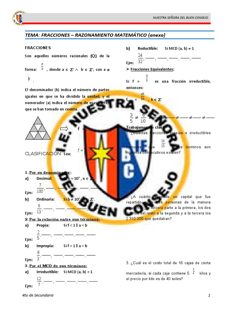 Practica 01 RM 2do Sec - FRACCIONES ANEXO | PDF | Fracción (Matemáticas) | Números