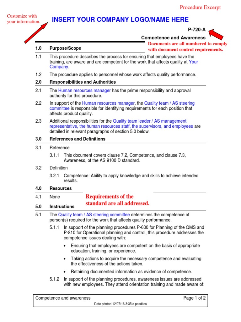 AS9100 Rev D Procedure Sample | PDF | Competence (Human Resources ...