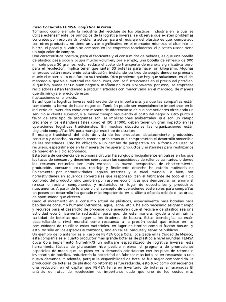 Caso Coca Cola Logistica Inversa | PDF | El plastico | Residuos