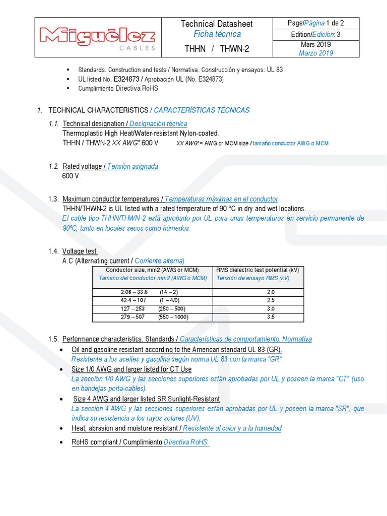 3ed Ficha Técnica THHN - THWN-2 (Spa - Eng) | PDF | Cantidad | Materiales