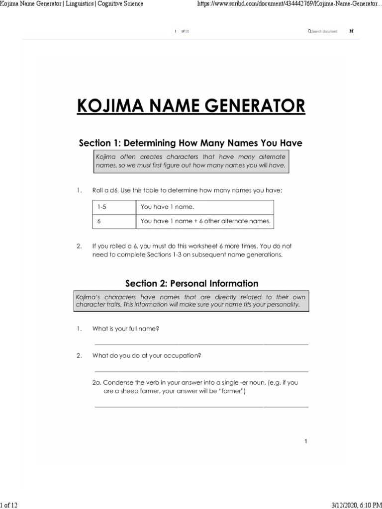 Kojima Name Generator | PDF | Games & Activities