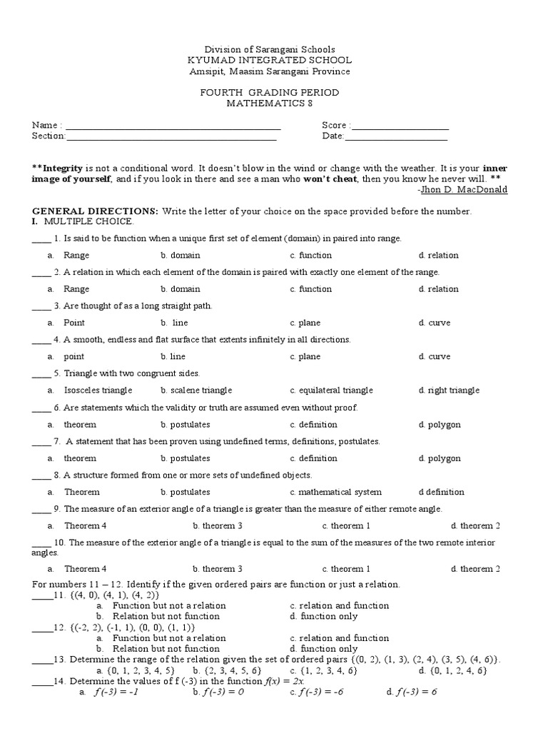Grade 8 MATH 4th Grading | PDF | Triangle | Function (Mathematics)