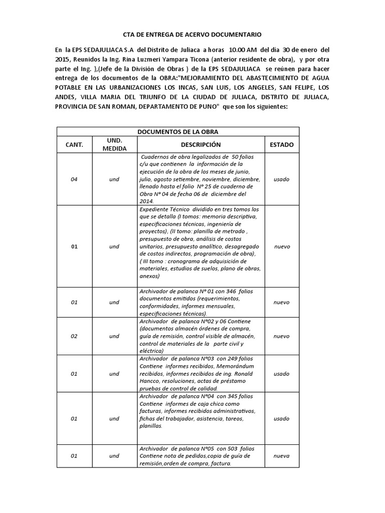 Acta de Entrega de Acervo Documentario | PDF | Science | Ingeniería