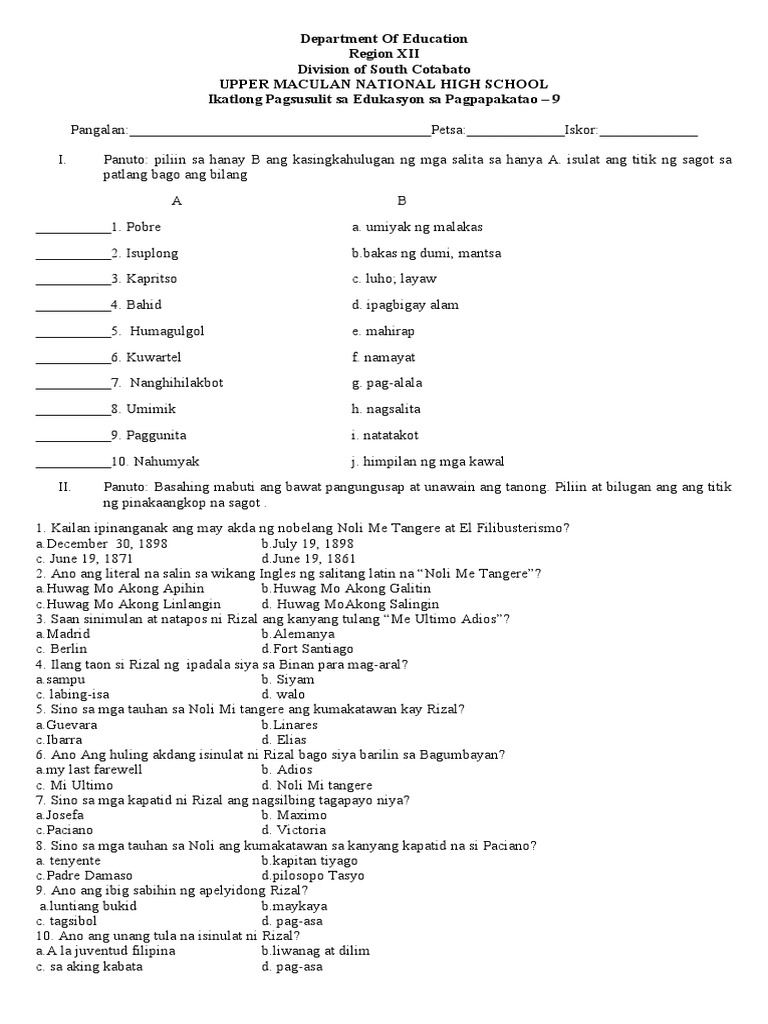 4th Grading Exam in Filipino 9 | PDF