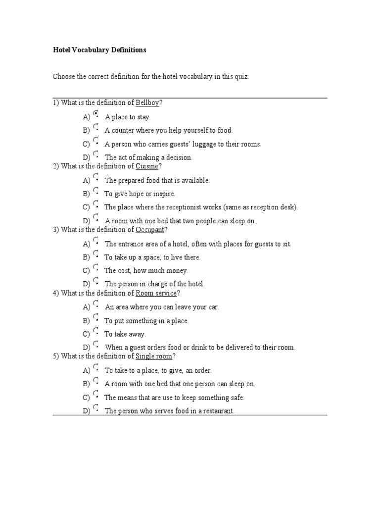 Hotel Vocabulary Quiz and Definitions | PDF | Hotel | Hospitality Industry