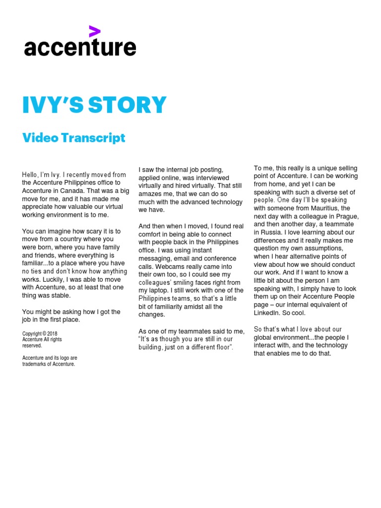 Accenture Ivy Story Transcript PDF | PDF | Communication | Cyberspace