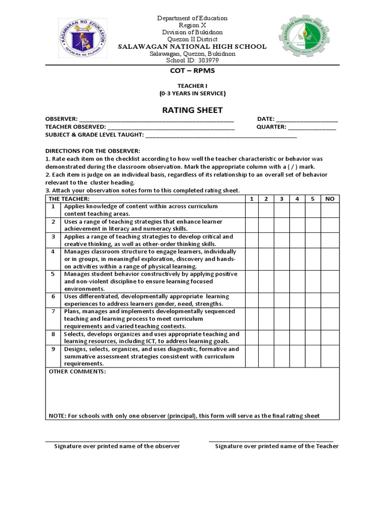 Teacher Observation Rating Sheet | PDF | Curriculum | Educational ...