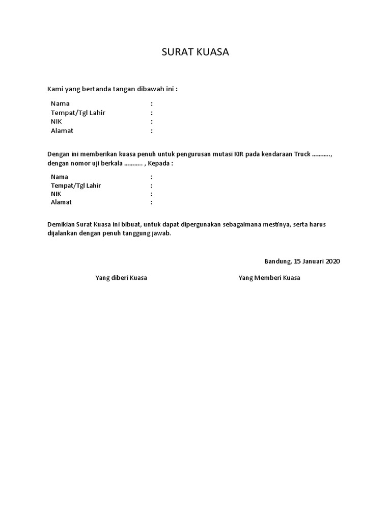 Surat Kuasa Pengurusan Uji Kir | PDF