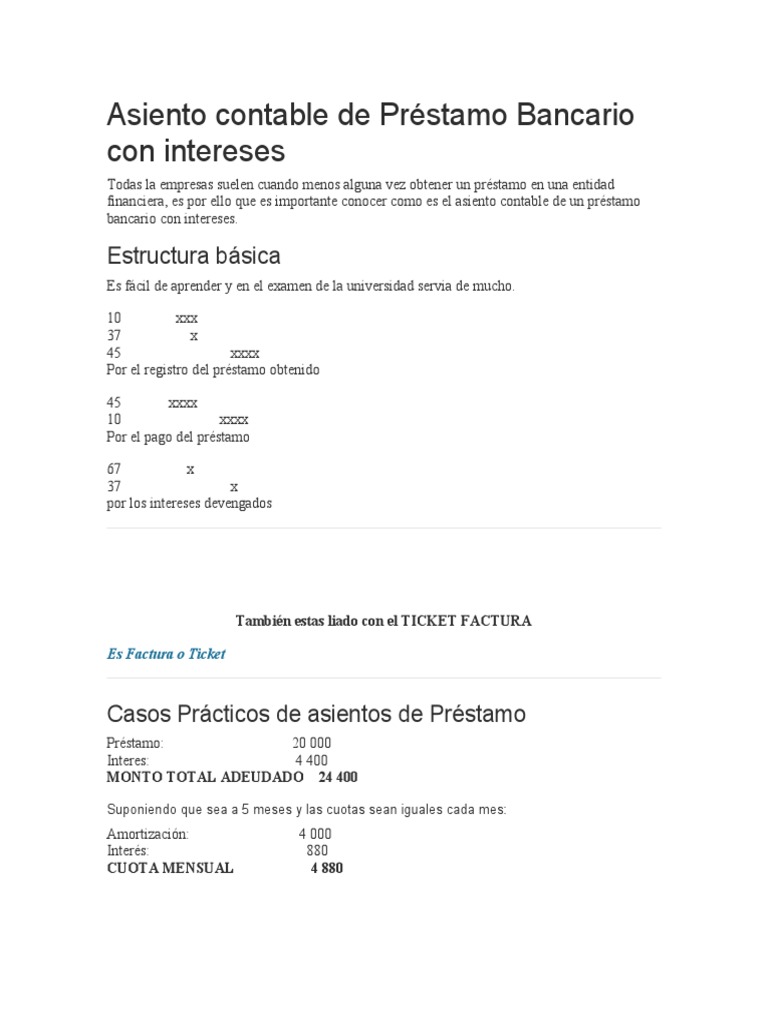 Asiento Contable de Préstamo Bancario Con Intereses | PDF | Bancos | Contabilidad