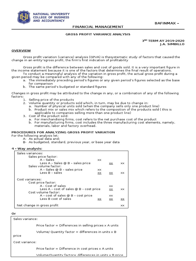 BFINMAX Handout - Gross Profit Variance Analysis | PDF | Prices | Sales