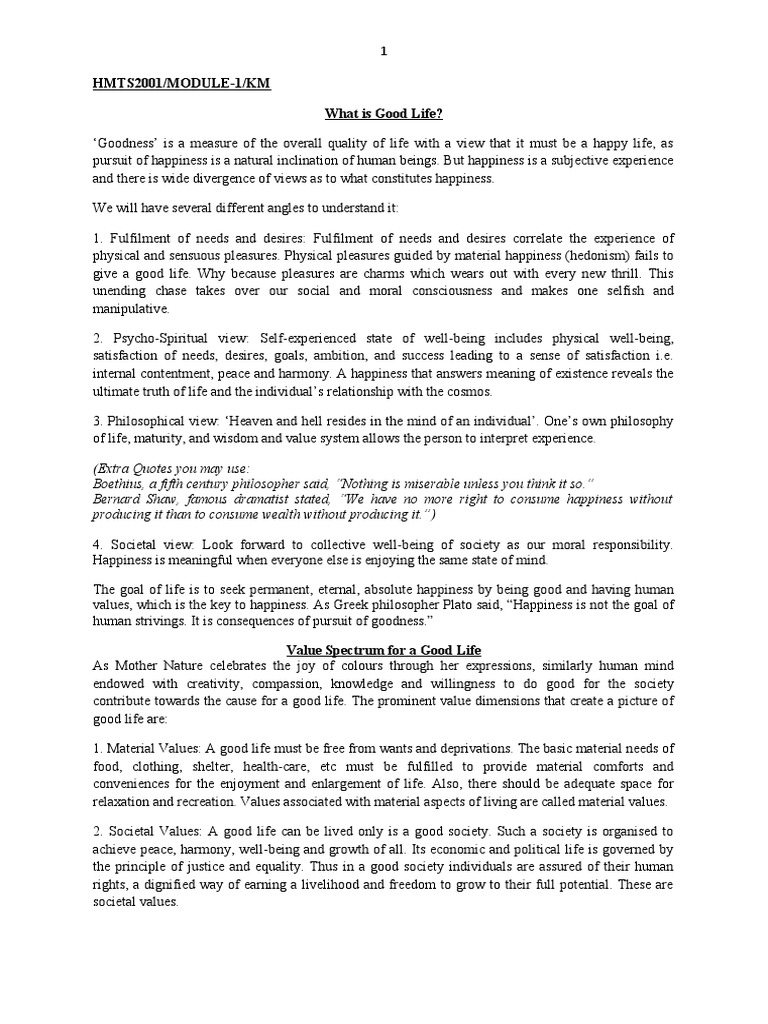 HU2001 Good Life Value Spectrum | PDF | Value (Ethics) | Happiness