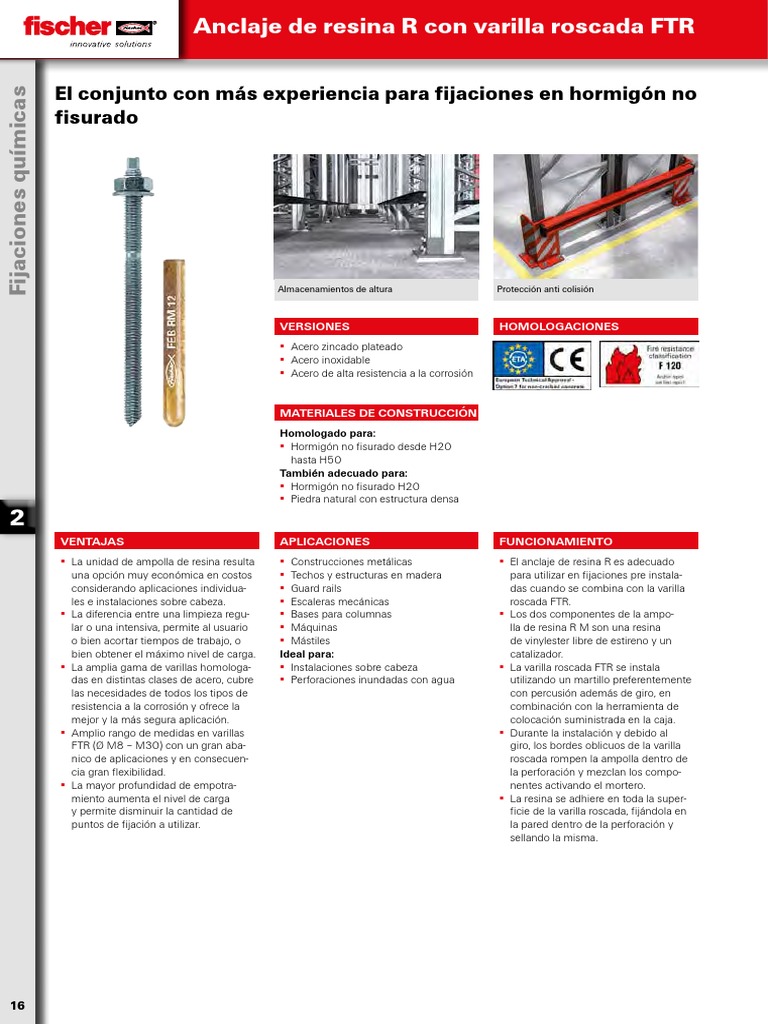 FISCHER - Tacos Químicos - Anclaje de Resina R Con Varilla Roscada FTR PDF | PDF | Hormigón | Acero