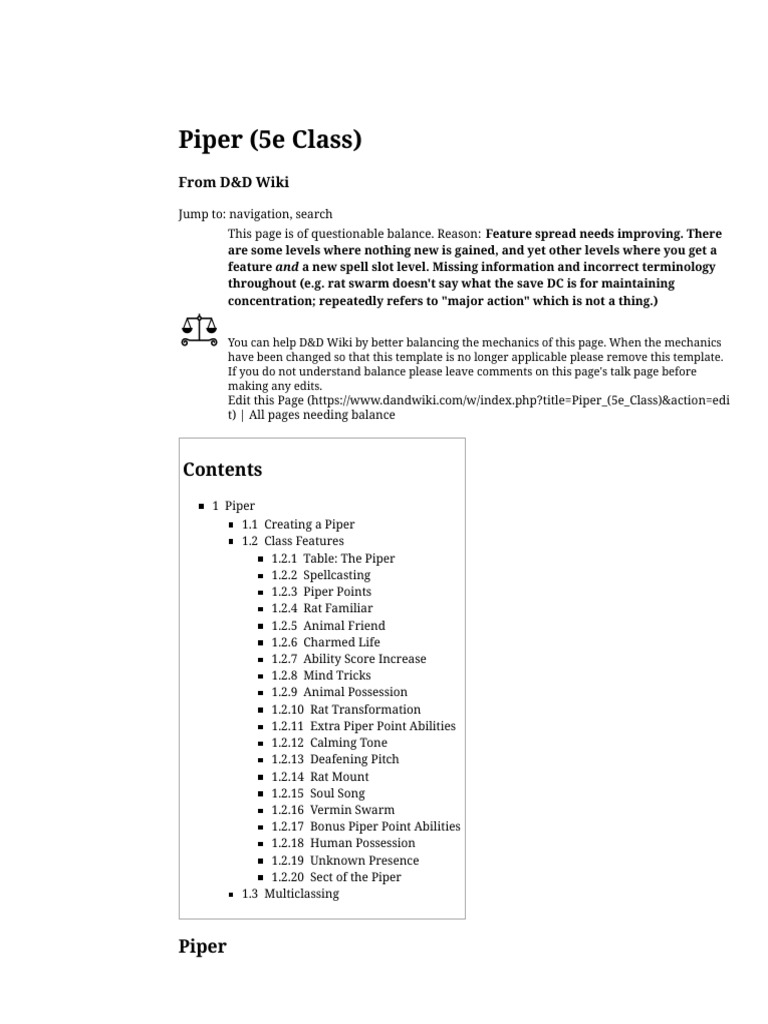 Piper Class Overview for D&D 5e | PDF | Leisure | Sports
