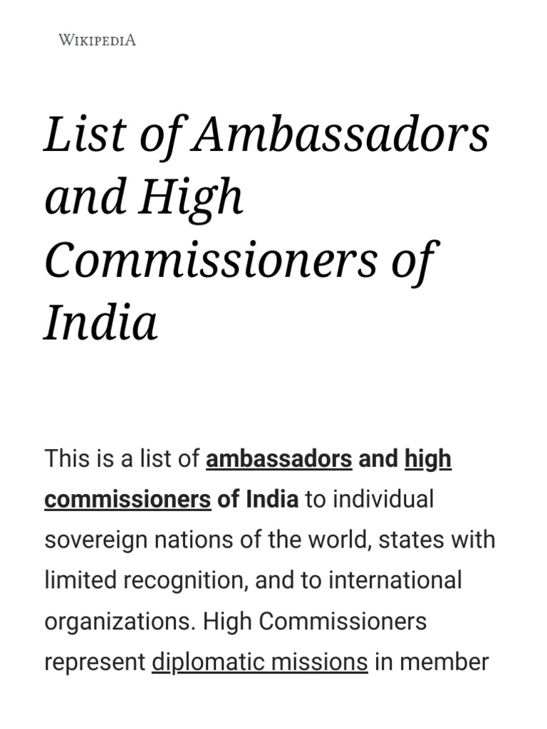 List of Ambassadors and High Commissioners of India - Wikipedia | PDF ...