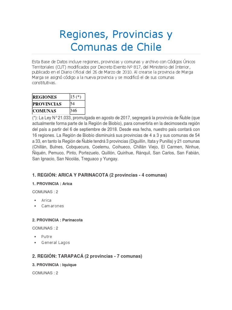 REGIONES PROVINCIAS Y COMUNAS DE CHILE Mayo 2018 | PDF | Santiago | Chile