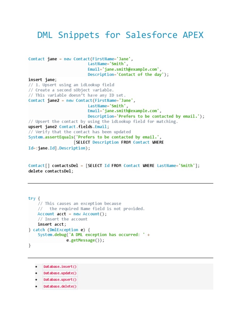 Salesforce Apex DML Snippets | PDF | Databases | Data