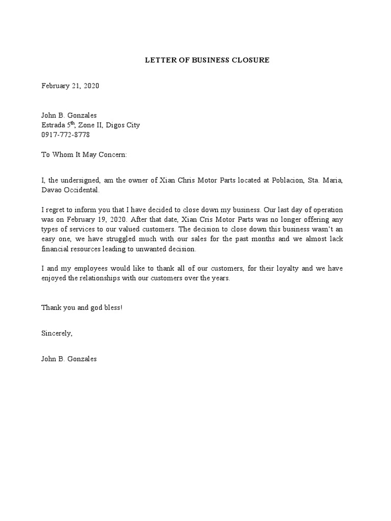 Letter of Business Closure | PDF