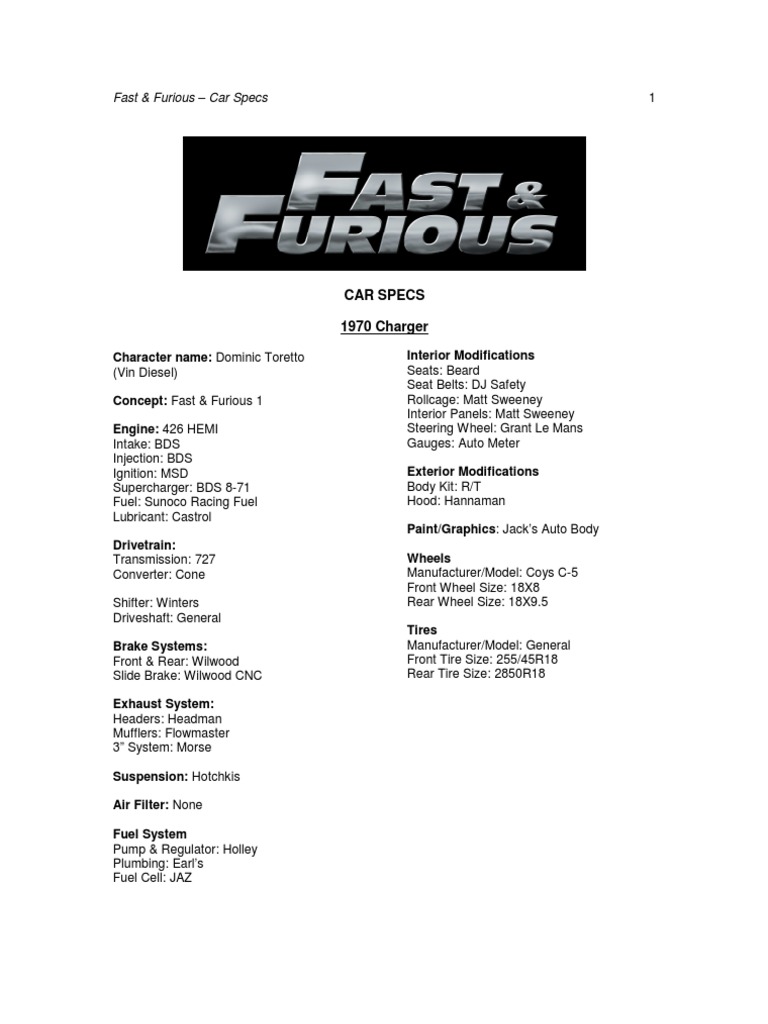 Fast & Furious Car Specs | PDF | Car Body Styles | Vehicle Technology