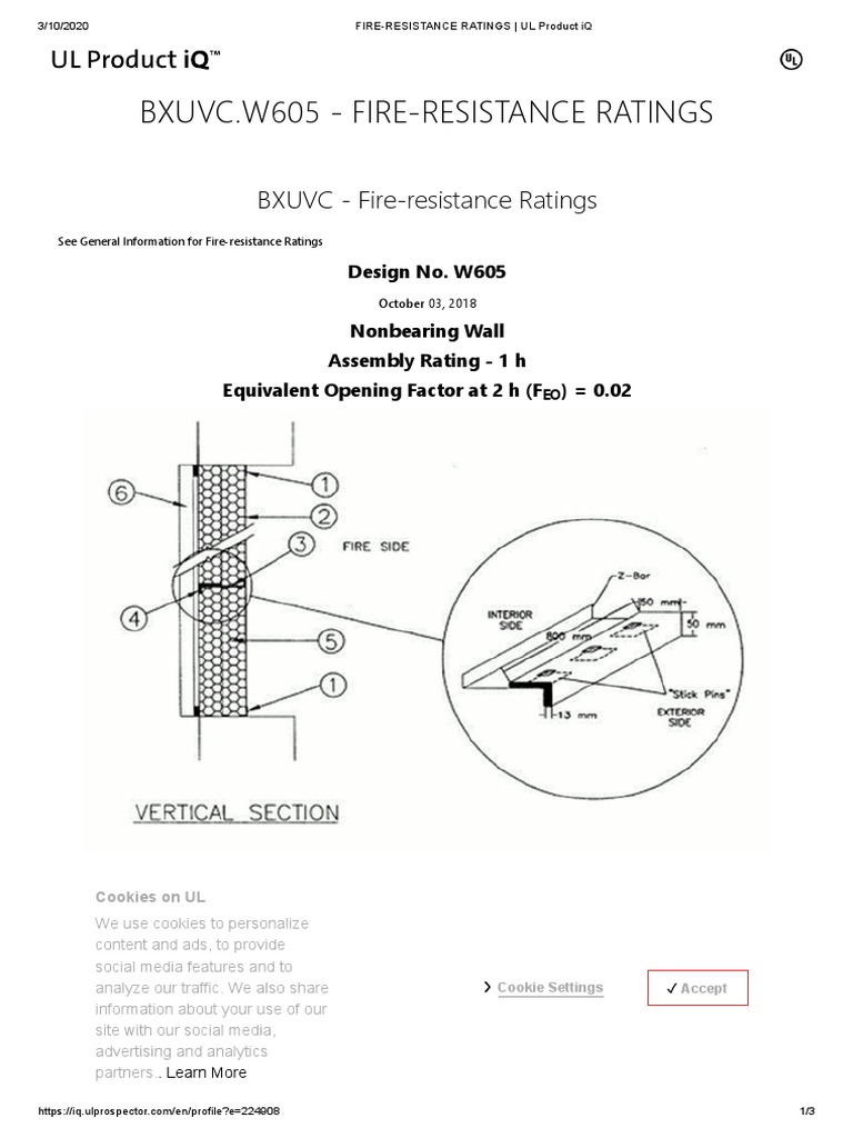 FIRE-RESISTANCE RATINGS - UL Product w605 1hrs | PDF | Wall | Sheet Metal