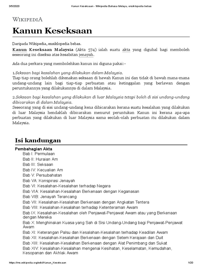 Kanun Keseksaan - Wikipedia Bahasa Melayu, Ensiklopedia Bebas | PDF