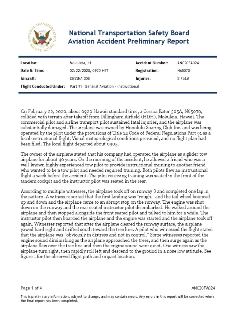 Preliminary Report NTSB On Dillingham Airfield Crash | PDF | Airplane ...