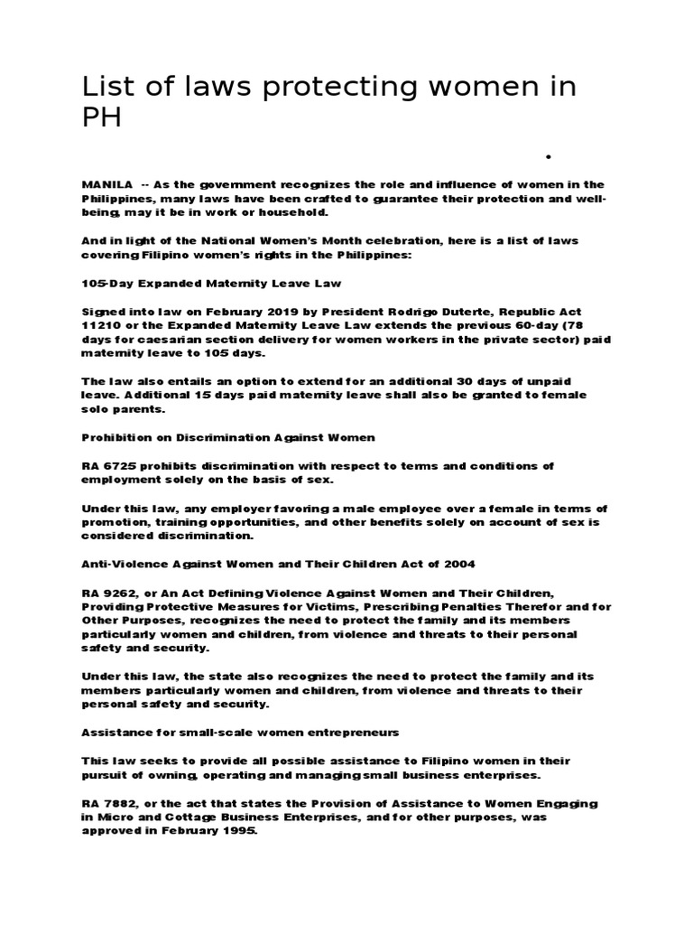 List of Laws Protecting Women in PH | Download Free PDF | Women's ...
