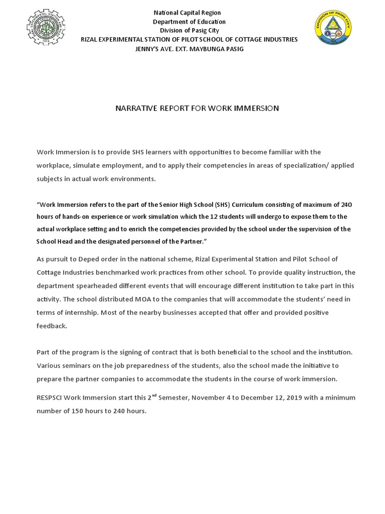 Narrative Report For Work Immersion | PDF | Learning | Behavior Modification