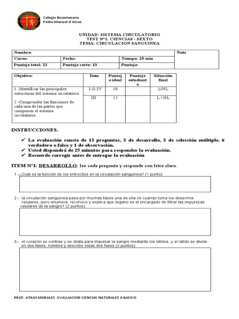 Evaluación del Sistema Circulatorio 6º | PDF | Sistema circulatorio ...