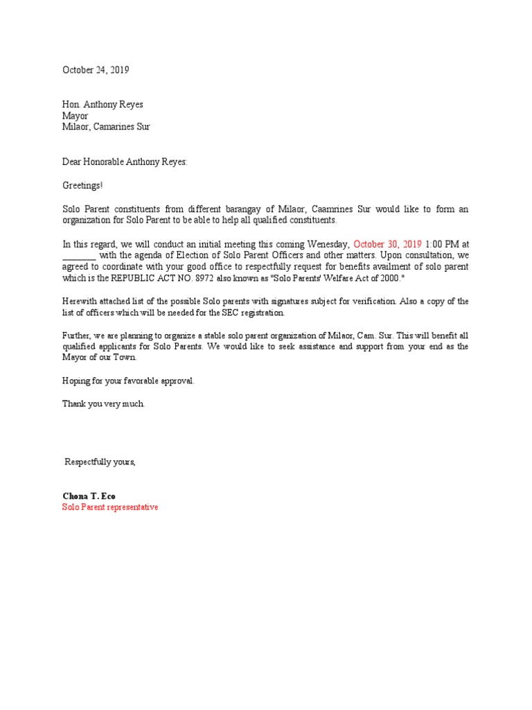 Solo Parent Letter | PDF