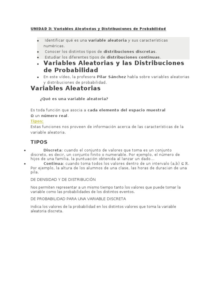 UNIDAD 3 Variables Aleatorias y Distribuciones de Probabilidad | PDF | Variable aleatoria ...