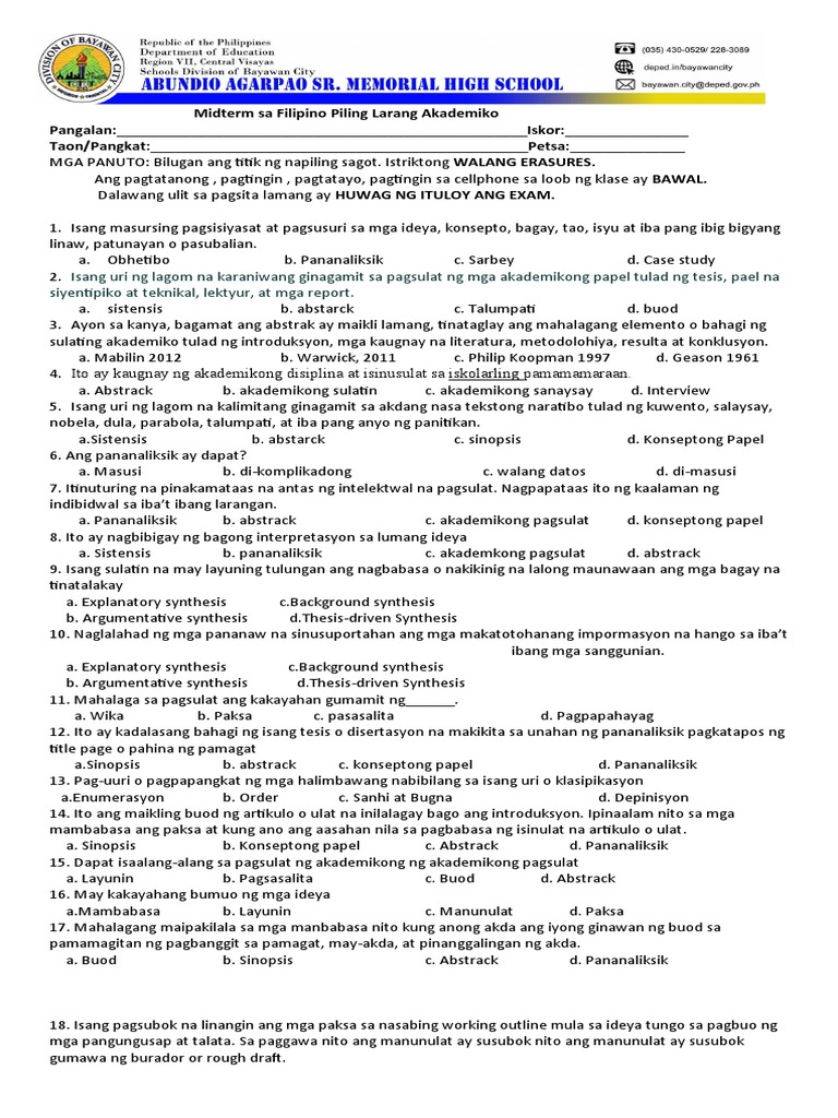 Midterm Sa Filipino Piling Larang Akademiko | PDF