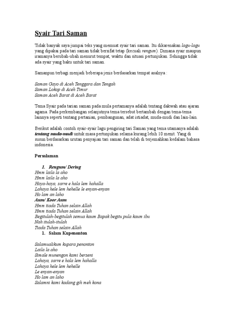 Syair Tari Saman | PDF | Seni & Disiplin Bahasa